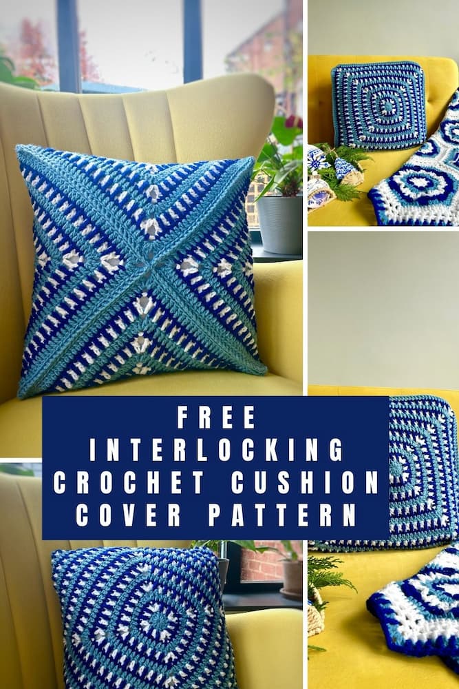 FREE Interlocking Crochet Granny Square Cushion Cover From One Square - Pattern & Video - Blue ...
